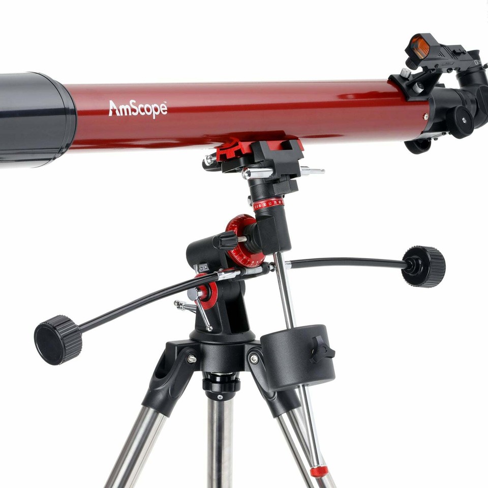 AmScope Refractor EQ Telescope 70mm Aperture, 900mm Focal Length +Red ...