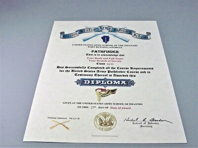 United States Army Pathfinder School / Course Replacement Certificate ...