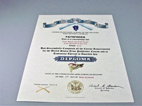United States Army Pathfinder School / Course Replacement Certificate ...