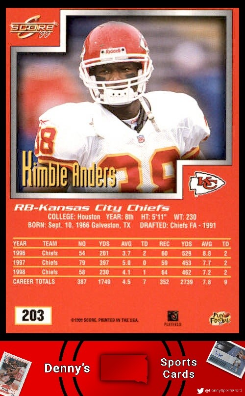1999 Score #203 Kimble Anders Kansas City Chiefs Football Card | eBay