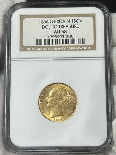 1866 Great Britain Gold Sovereign Douro Treasure NGC AU58 Queen ...