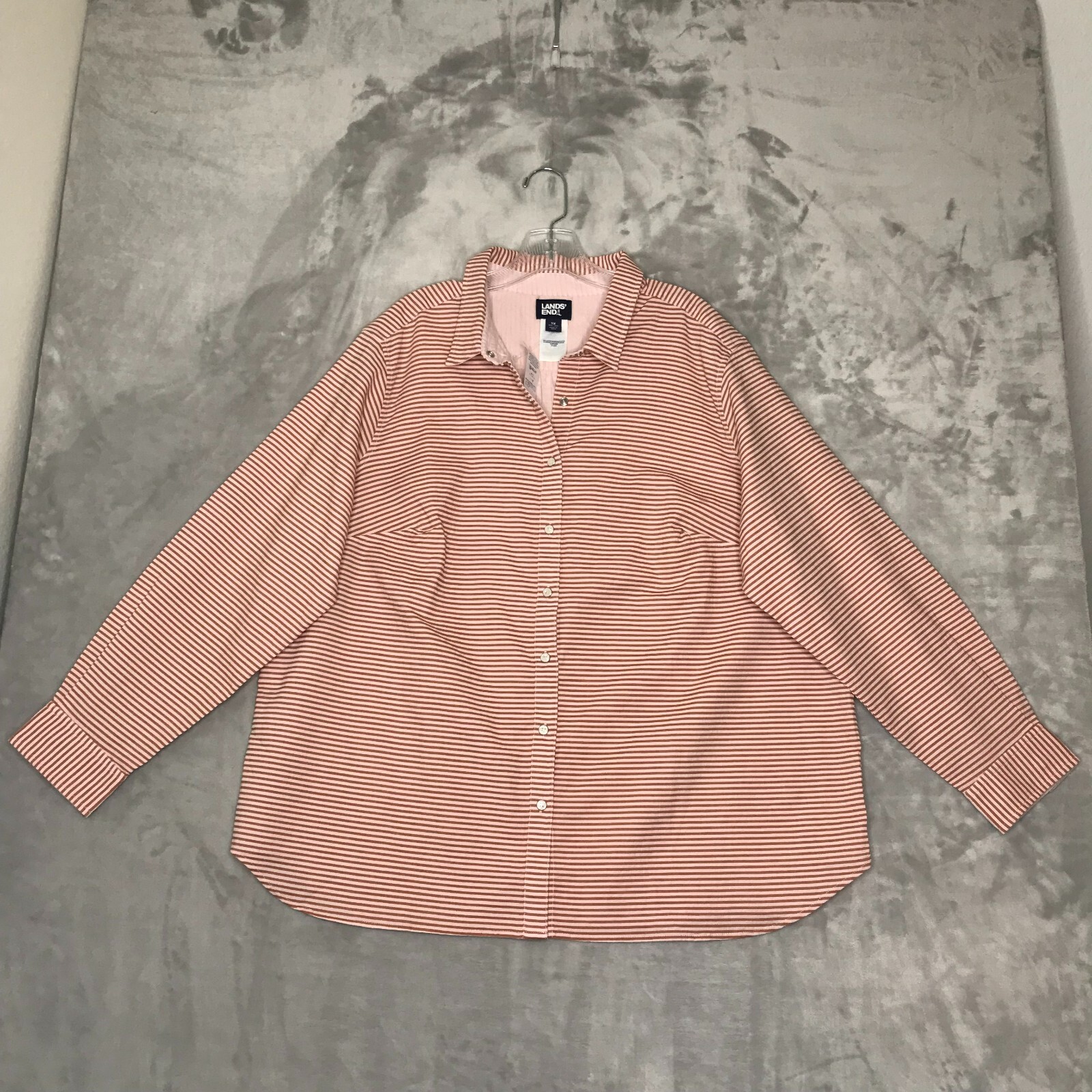 Lands End Top Womens 1X 16W 18W Orange Pink Stripe Snap Front Cotton ...