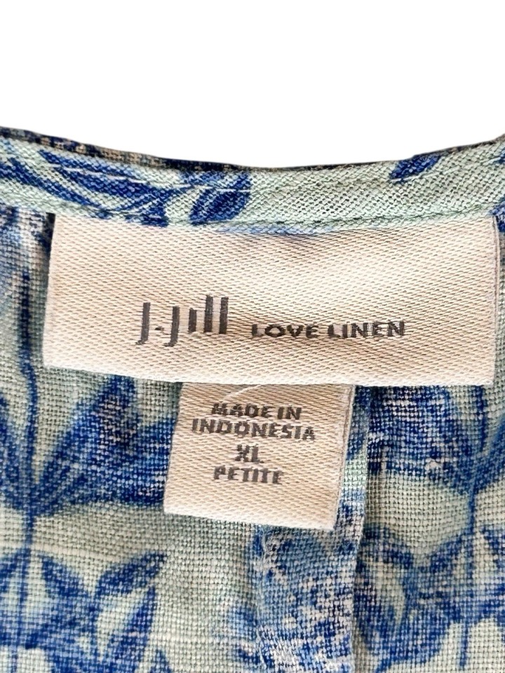 J. Jill Dress XL Petite Blue Floral 100% Linen V-Neck Sleeveless A-Line ...