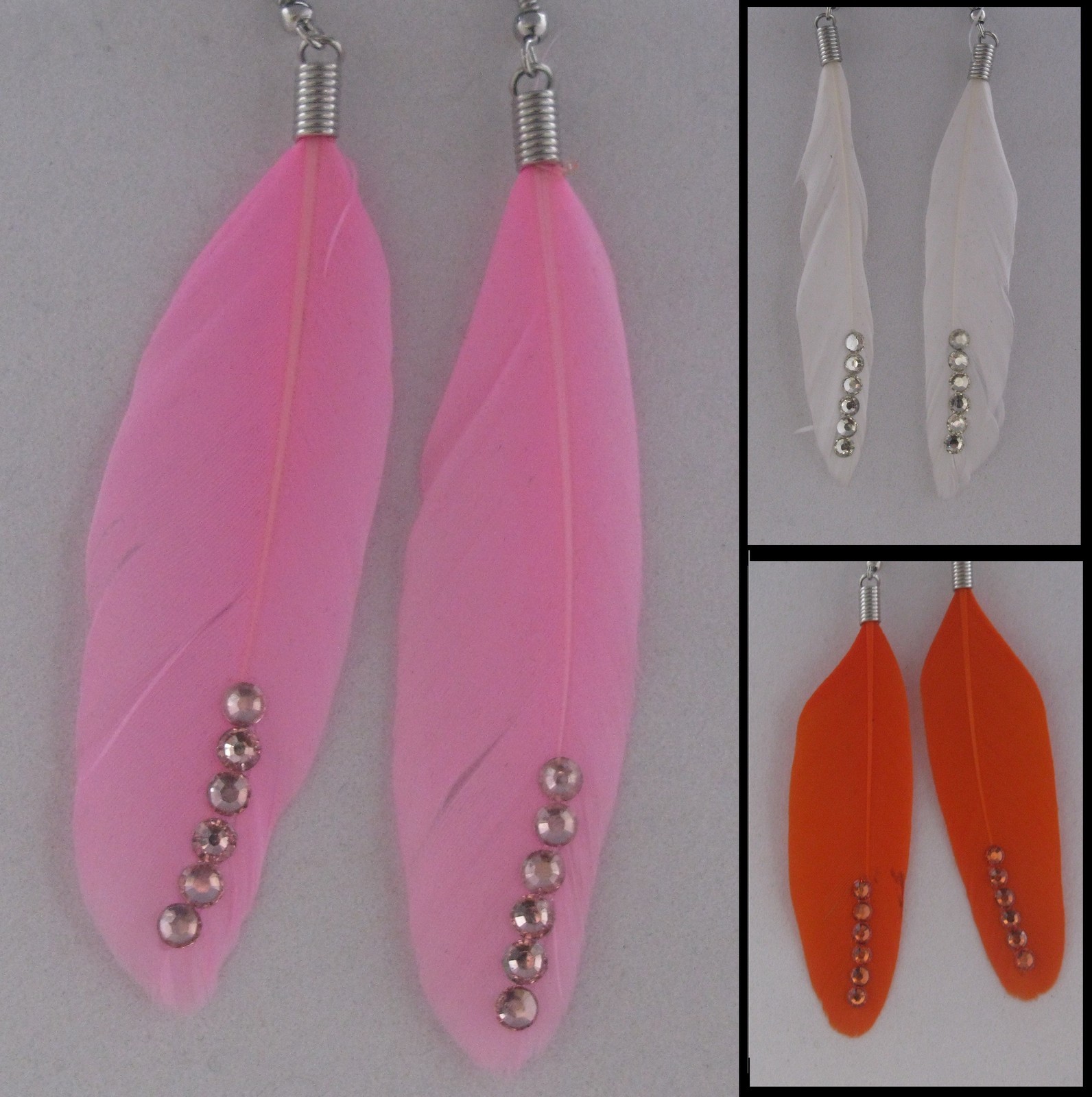 Feather Earrings w/ Rhinestones Handmade in USA E14 | eBay