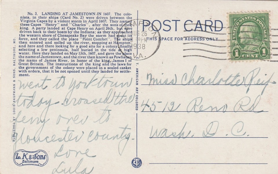 Jamestown Landing at Jamestown in 1607 Souvenir Postcard Vintage | eBay