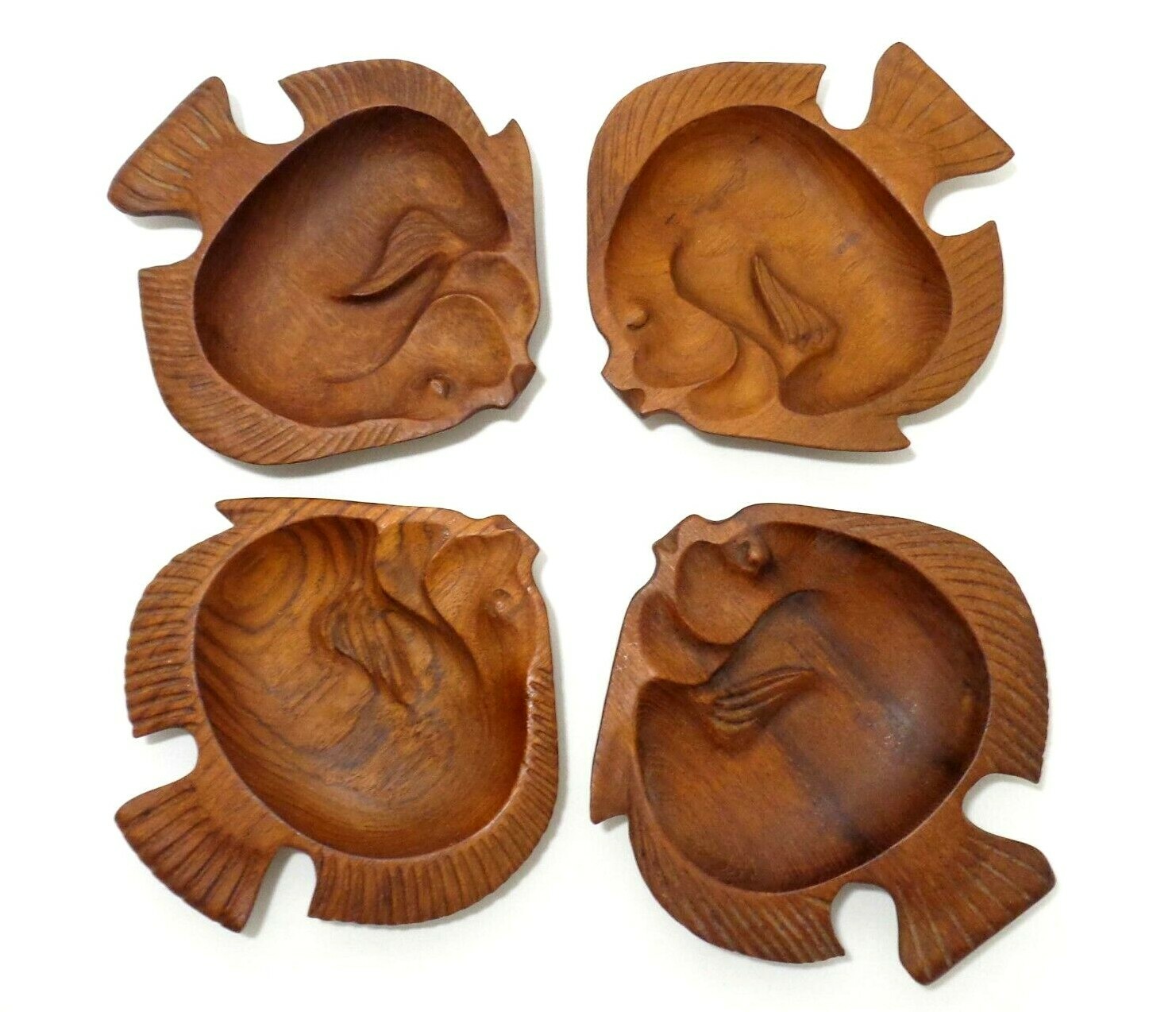 RARE MODERNIST VINT HAND CARVED FISH THEME TEAK WOOD SHALLOW BOWL, W/6 ...