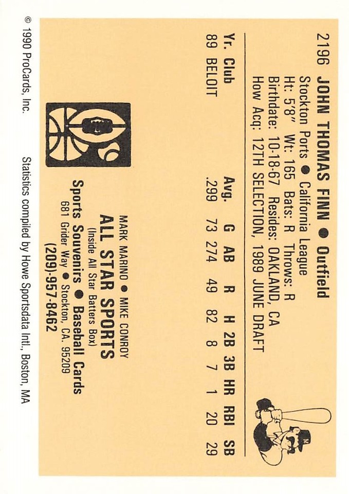 1990 ProCards #2196 John Finn Stockton Ports | eBay