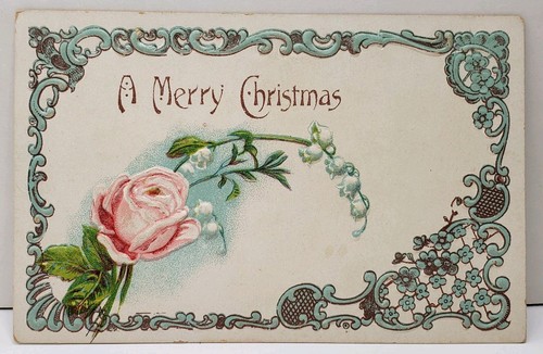 Precious Blue Scrolls Pink Rose Merry Christmas Quaint German Postcard ...