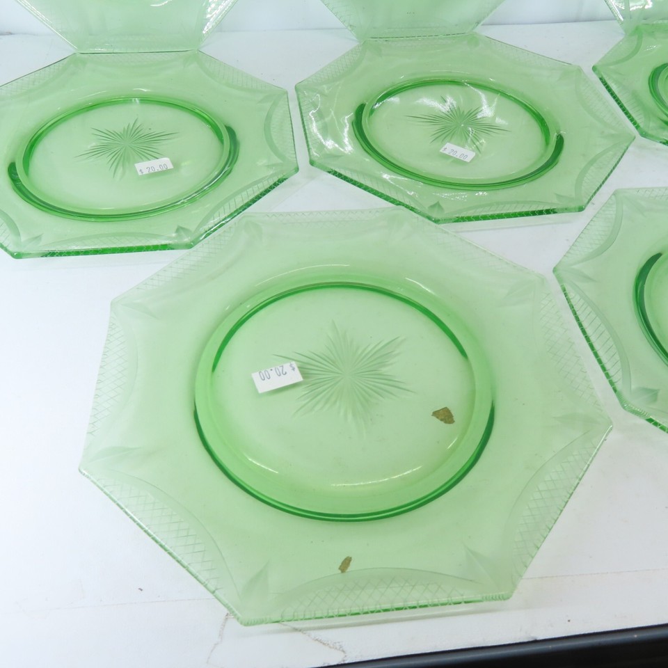 (SET OF 8) VINTAGE GREEN DEPRESSION GLASS PLATES OCTAGONAL STARBURST ...