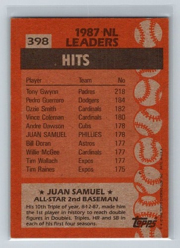 1988 Topps All Star #398 Juan Samuel Philadelphia Phillies Baseball ...