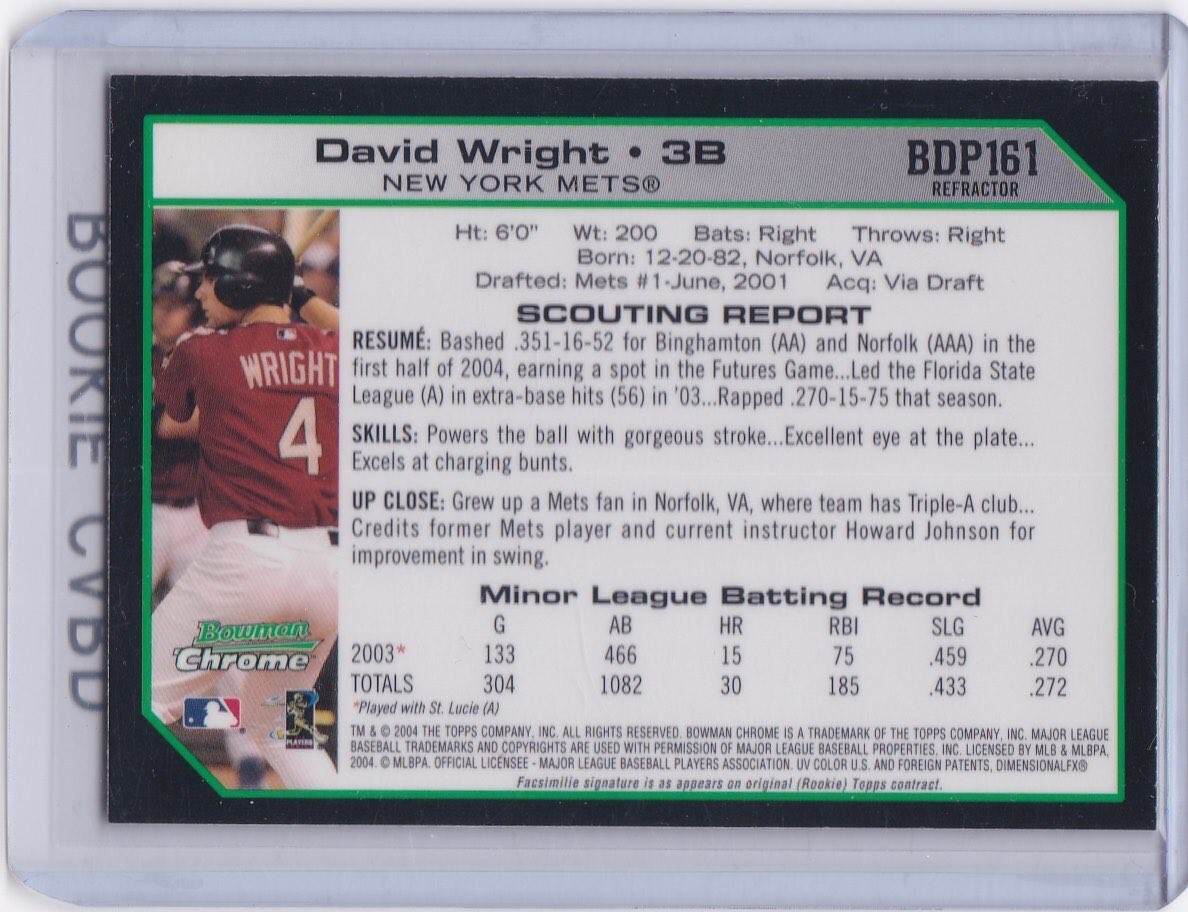 DAVID WRIGHT ROOKIE CARD Bowman Chrome Baseball RC New York Mets RARE ...