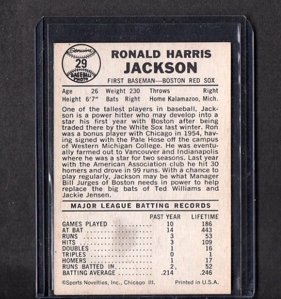 1959 SPORTS NOVELTIES CARD SIGNED IP AUTO RON JACKSON BOSTON RED SOX ...