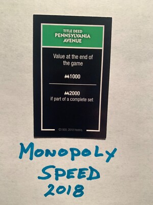 Monopoly Speed PENNSYLVANIA AVENUE Title Deed Card 2018 GAME ...