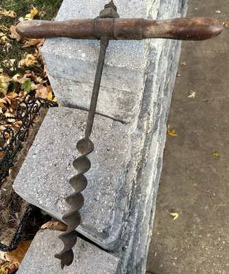 Antique T Handle Wood Iron Auger Barn Beam Hand Drill Primative Vintage ...