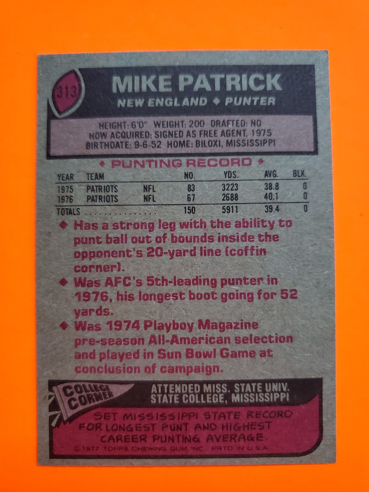 Mike Patrick #313 Topps Football Card 1977 New England Patriots | eBay