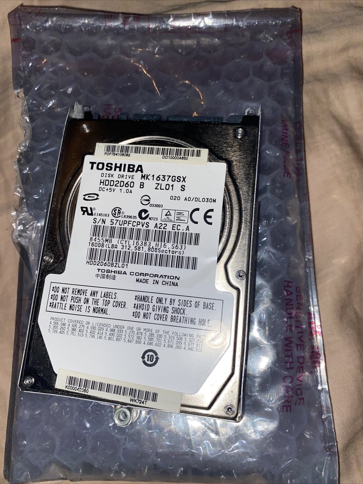 MK1637GSX HDD2D60 GENUINE TOSHIBA HARD DRIVE 160GB 5400RPM (GRADE A ...