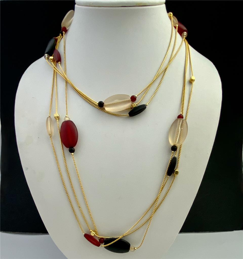 1990's Layered Gold Triple Chain with Acrylic Bead St… - Gem