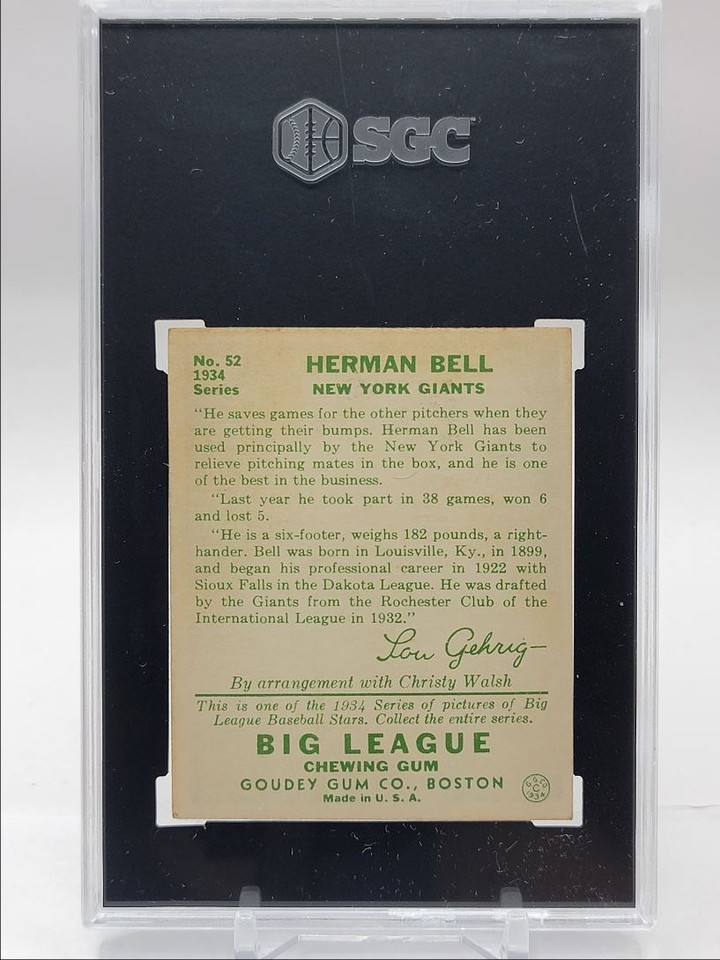 HERMAN BELL 1934 GOUDEY BIG LEAGUE CHEWING GUM ROOKIE #52 RC SGC 4 ...