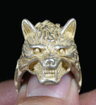 3.4CMRare Old China Miao Silver Feng Shui Wolf head Luck jewelry Ring ...