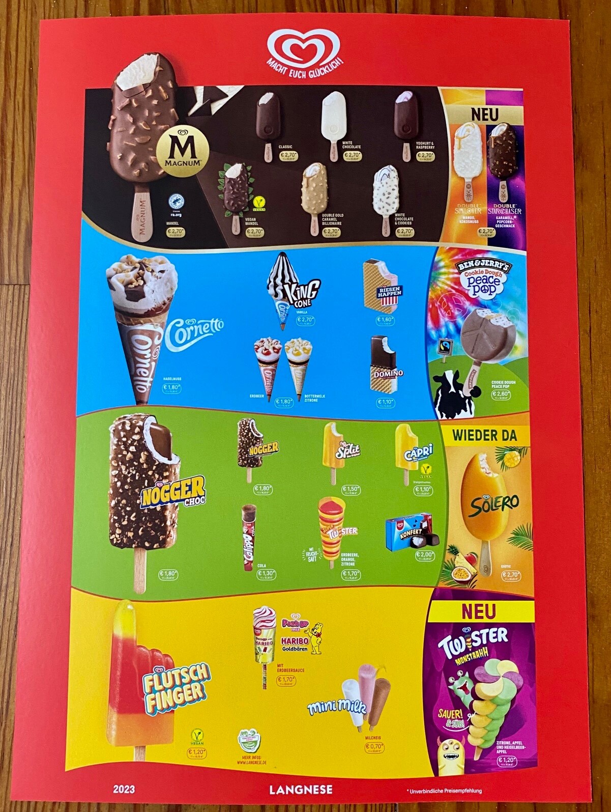 LANGNESE 2023 Eiskarte Werbetafel Eistafel Preistafel NEU Pappe klein ...