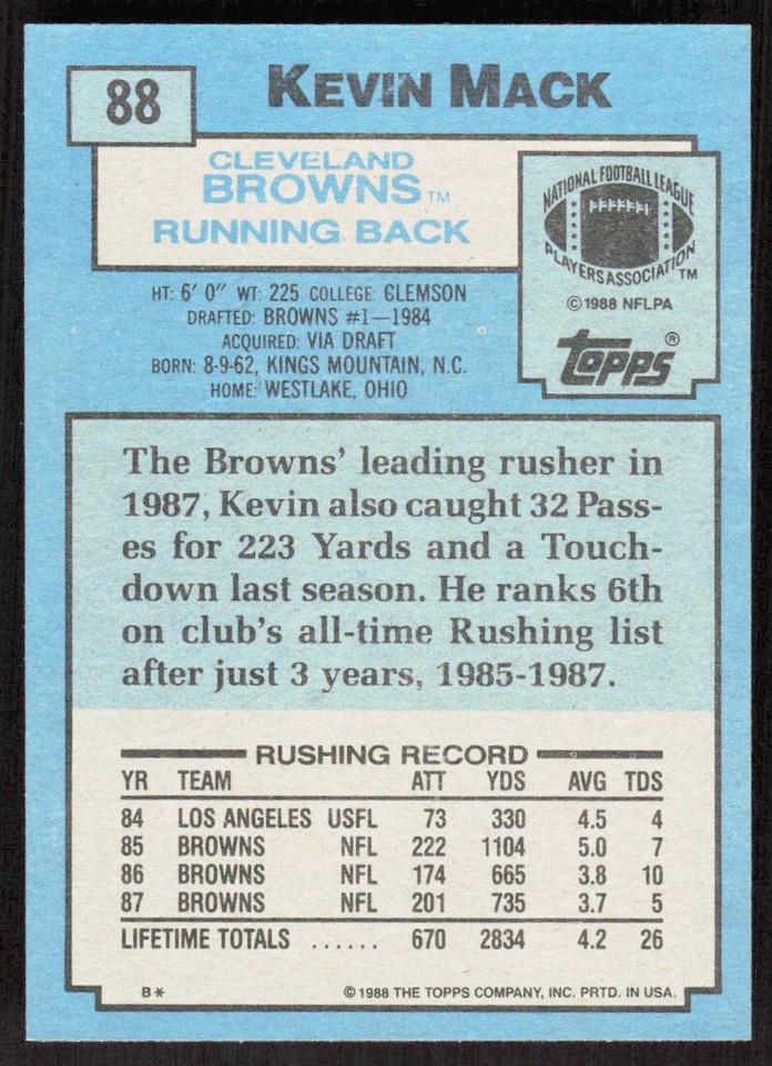 1988 7976B Topps Kevin Mack Cleveland Browns #88 | eBay