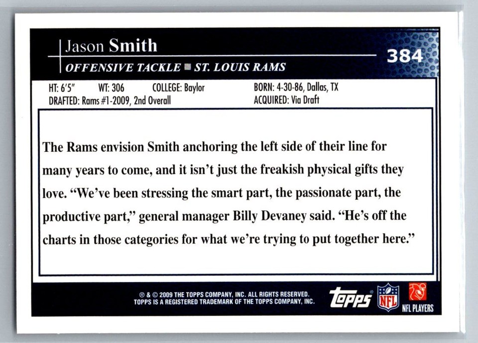 2009 Topps Rookie RC #384 Jason Smith St. Louis Rams Football Card | eBay