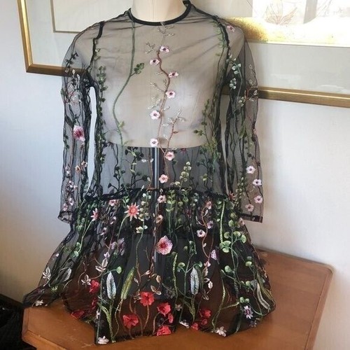 Embroidered Womens Small Multicolor Sheer Floral Mesh Long Sleeve ...