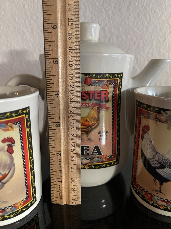 4 Pc Bay Island Inc. Country Roosters Ceramic Tea Pot & 2 Matching Mugs ...