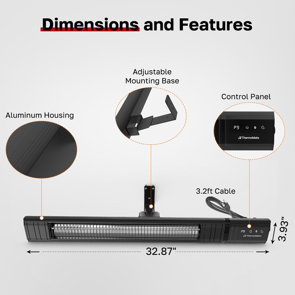 Electric Infared Patio Heater 1500W IP65 Waterproof 9 Heating Levels ...