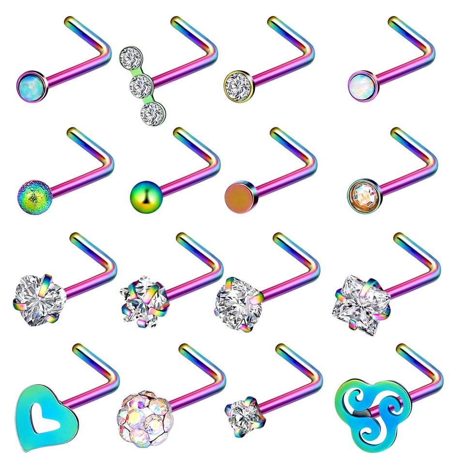 16PCS Nose Stud Pin Surgical Steel Screw/L/Straight Nose Ring Bone ...