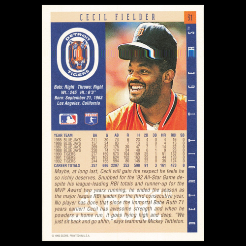 Cecil Fielder #31 1993 Score Detroit Tigers Baseball Card MLB NM | eBay