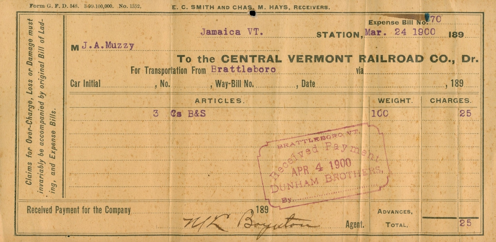 1900 Central Vermont Railroad Co Freight Receipt Brattleboro to Jamaica ...