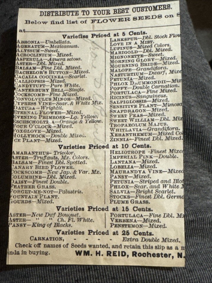 Wm. H. Reid Trade Card-Flower Seeds-Rochester, NY. R225 | eBay