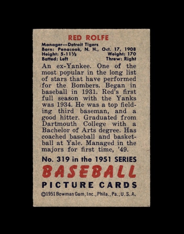 1951 Bowman Set-Break #319 Red Rolfe Mg EX-EXMINT *GMCARDS* | eBay