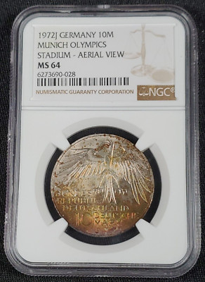 1972 J Germany Silver 10 Mark Munich Olympics Stadium - NGC MS 64 ...