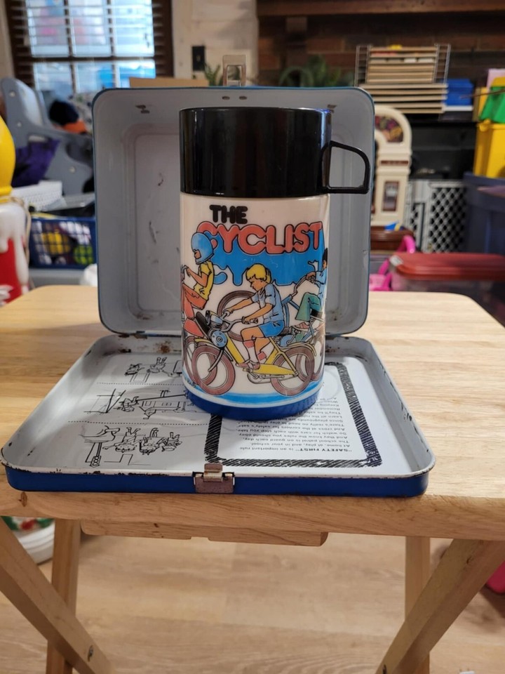 Vintage 1979 Aladdin Metal The Cyclist Dirt Bike Lunch Box with Thermos ...