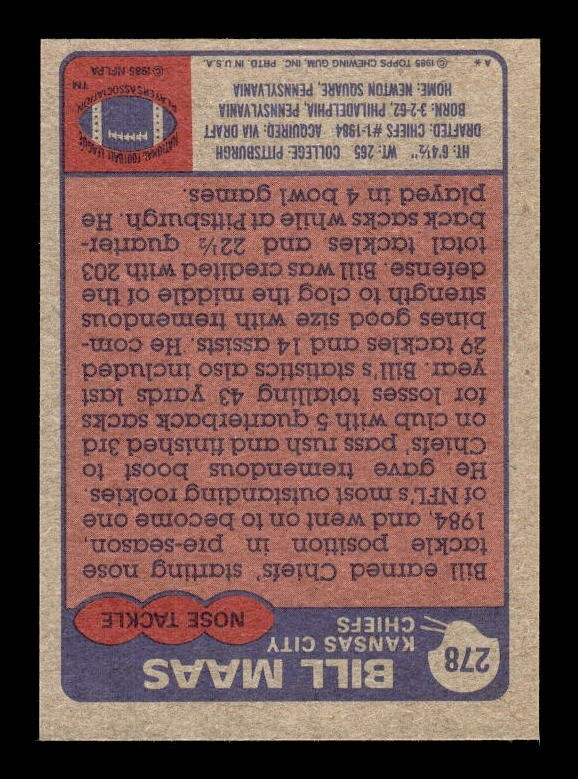 BILL MAAS SIGNED 1985 TOPPS #278 RC "NFL DROY" KANSAS CITY CHIEFS ON ...