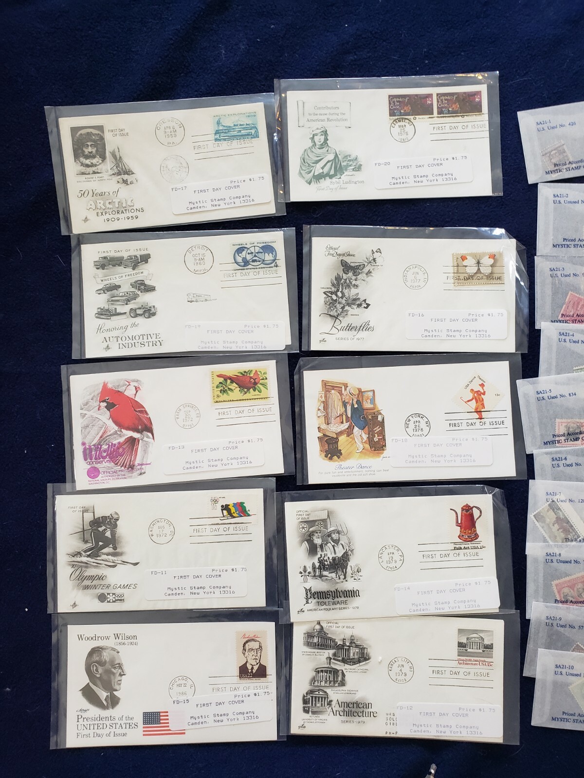 MYSTIC STAMP CO. LOT OF 10 FIRST DAY COVER ENVELOPE 2 LOT OF 22 US USED ...
