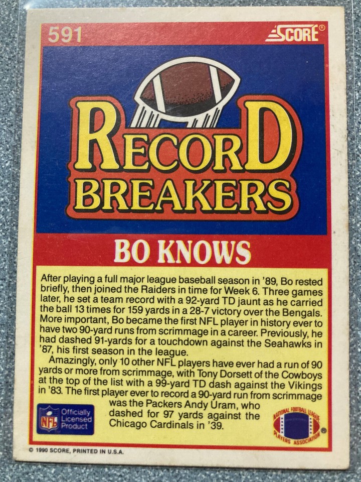 1990 Score Bo Jackson Record Breakers #591 Oakland / LA Raiders (See ...