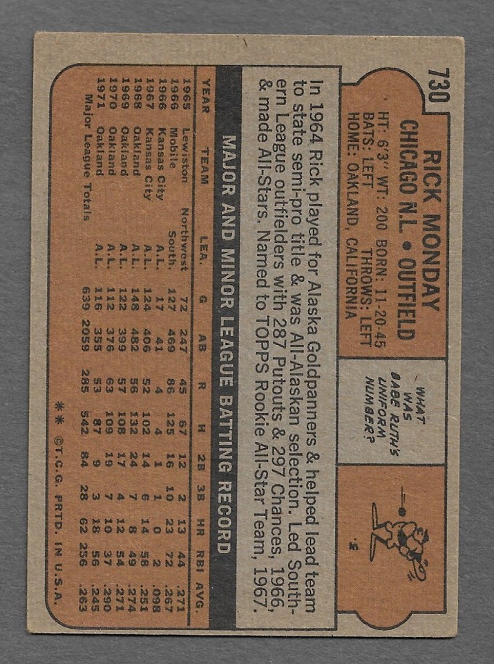 1972 Topps Baseball HI#730 Rick Monday EX card High Number Chicago Cubs ...