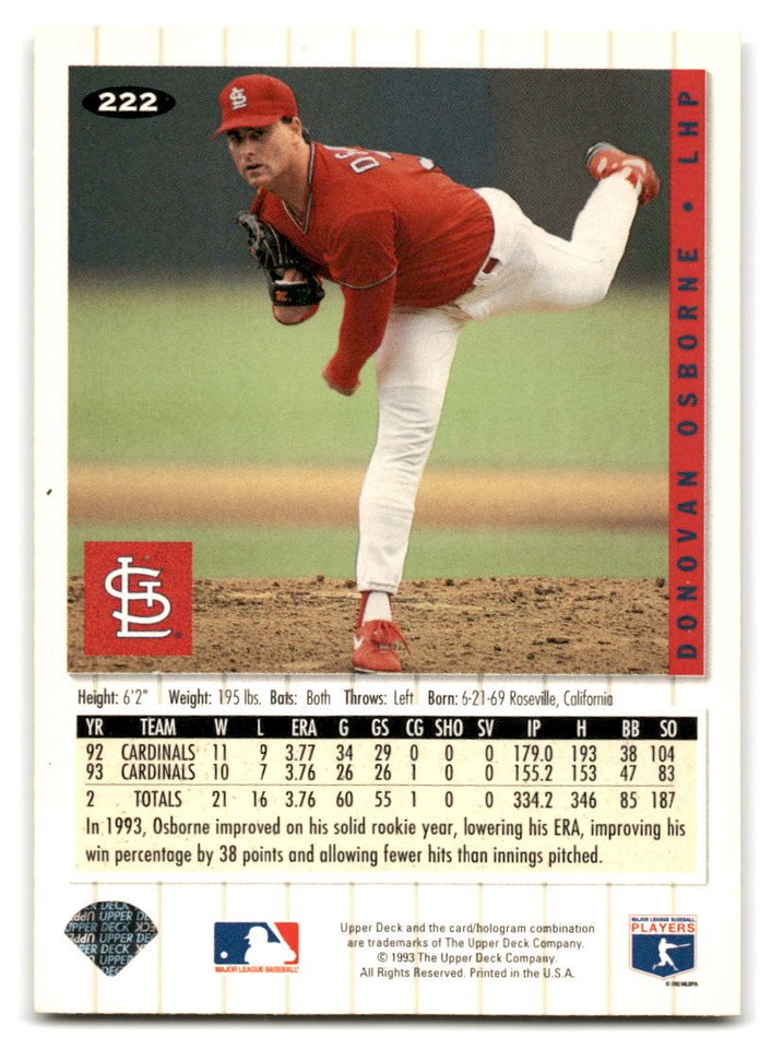 Donovan Osborne 1994 Collector's Choice Baseball #222 St. Louis ...