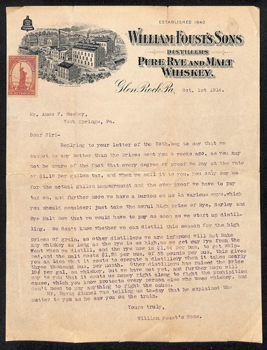 William Foust's Sons Whiskey Glen Rock, PA 1914 Letterhead re: Alcohol ...