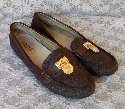 MICHAEL KORS LOAFERS, Brown Hamilton Mk Logo, Gold MK Lock Logo, Women ...