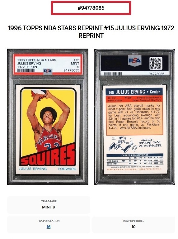 Julius Erving 1996 Topps NBA Stars 1972 Reprint 195 RC ROOKIE - PSA 9 ...