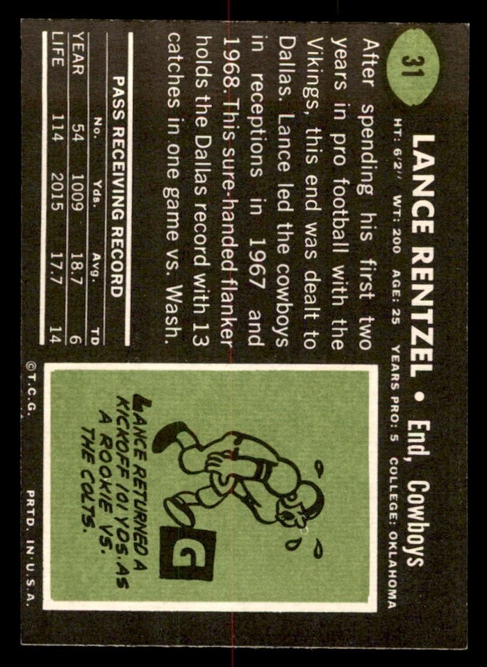 1969 Topps Football #31 Lance Rentzel EX/MT *d4 | eBay