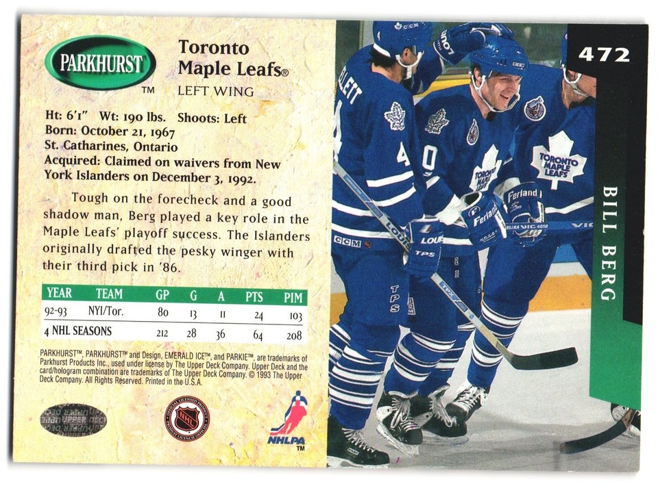 Bill Berg Autographed 1993 Parkhurst Card #472 Toronto Maple Leafs | eBay