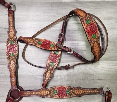 Leather Headstall Breast Collar Red Rose Tack Set | eBay