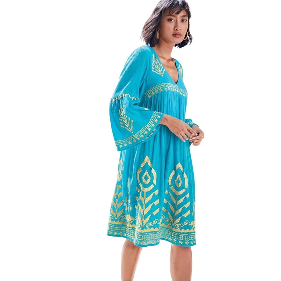 NWT Soft Surroundings Zaneta turquoise blue gold embroidered dress SIZE ...