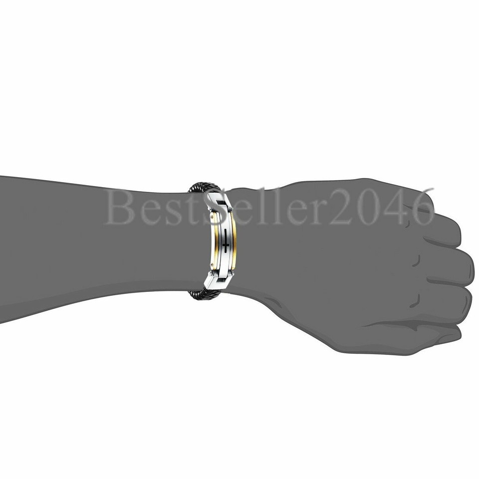 Men's Stainless Steel Leather Bracelet Braided Cuff Cross Wrist Bangle ...