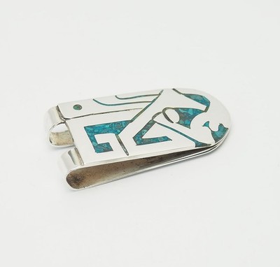 Vintage modern tribal sterling silver inlaid turquoise money clip ...